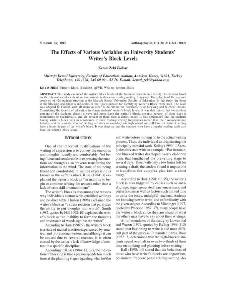 15-The Effects of Various Variables On University Students' Writer's Block Levels | Download ...