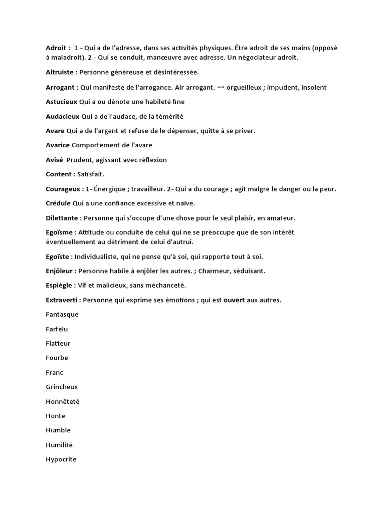 Définitions des adjectifs clés | PDF | Développement personnel