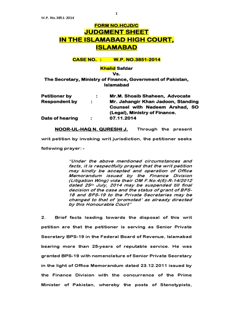 Judgment Sheet in The Islamabad High Court, Islamabad: 1 W.P. No.3851-2014 | PDF | Government Of ...