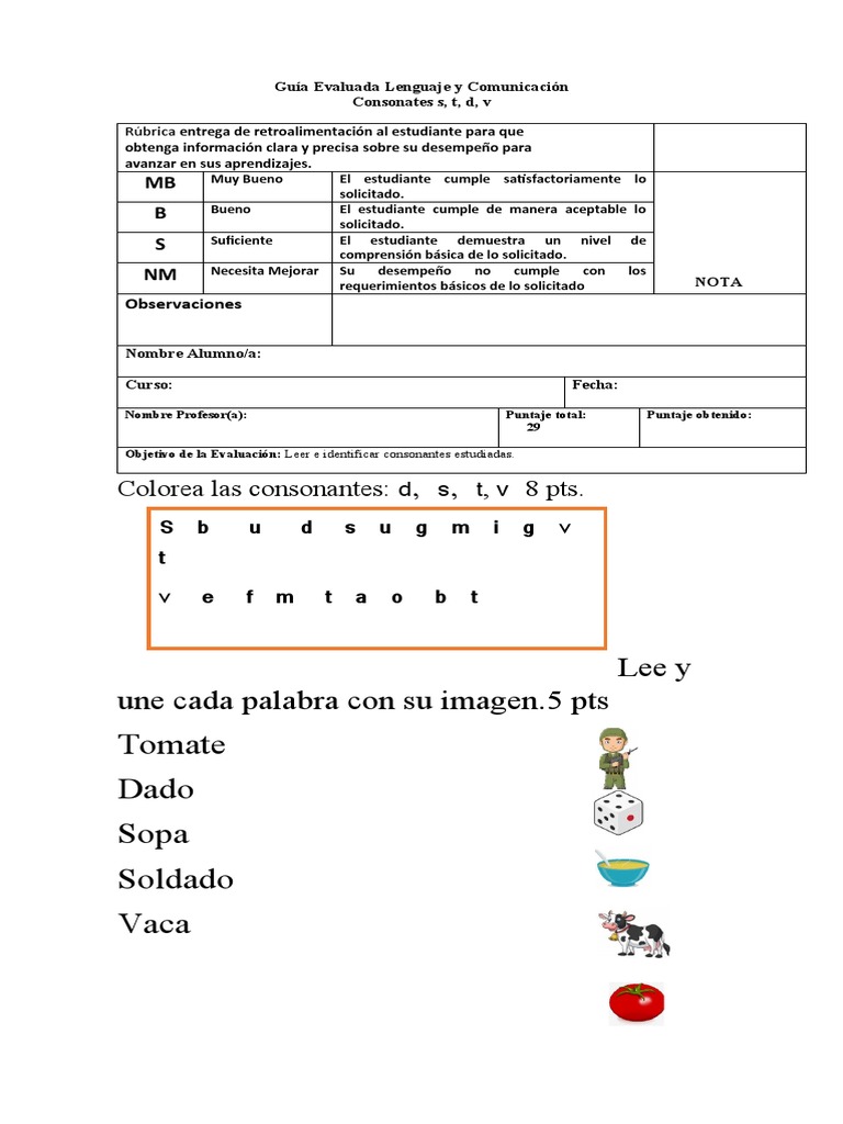 Guía Evaluada Lenguaje y Comunicación 1° Básico | PDF