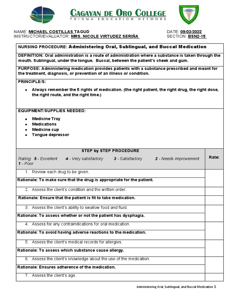 CHECKLIST - Administering Oral, Sublingual, and Buccal Medication | PDF ...