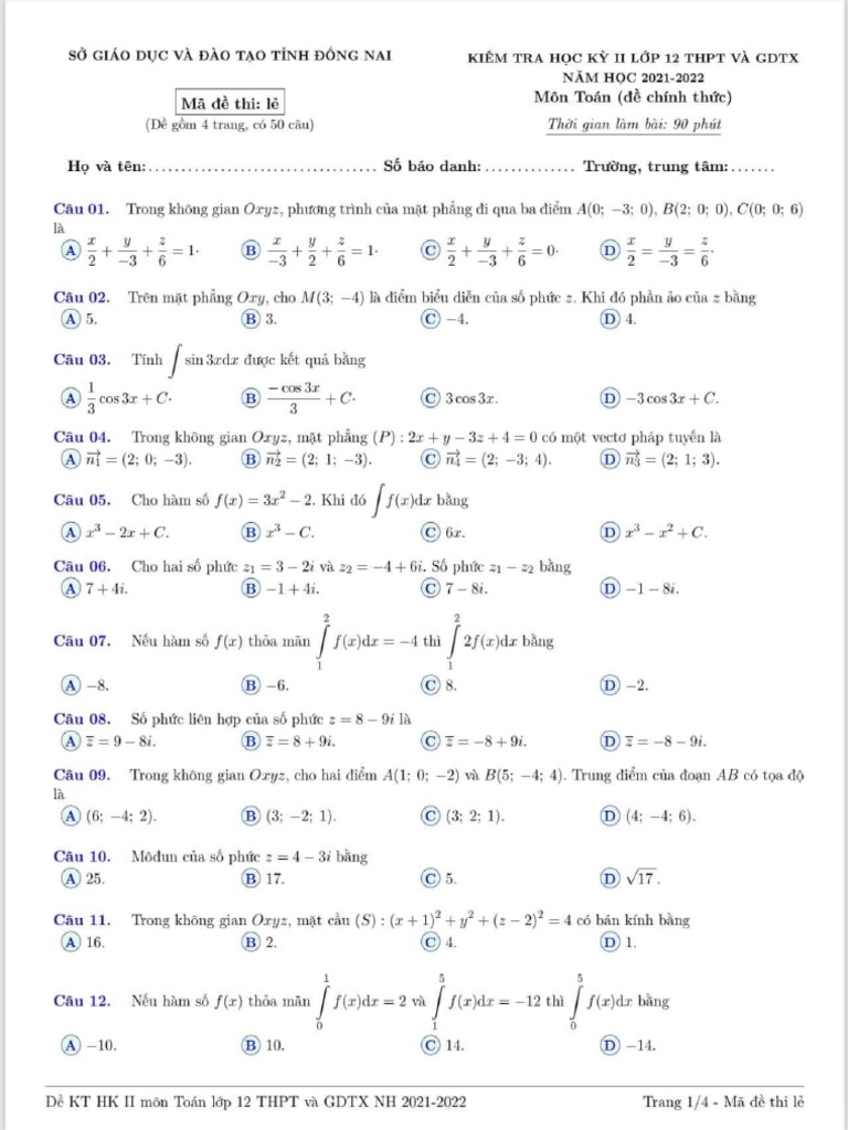 HK2 Toán 12 2021-2022-S Đ NG Nai | PDF