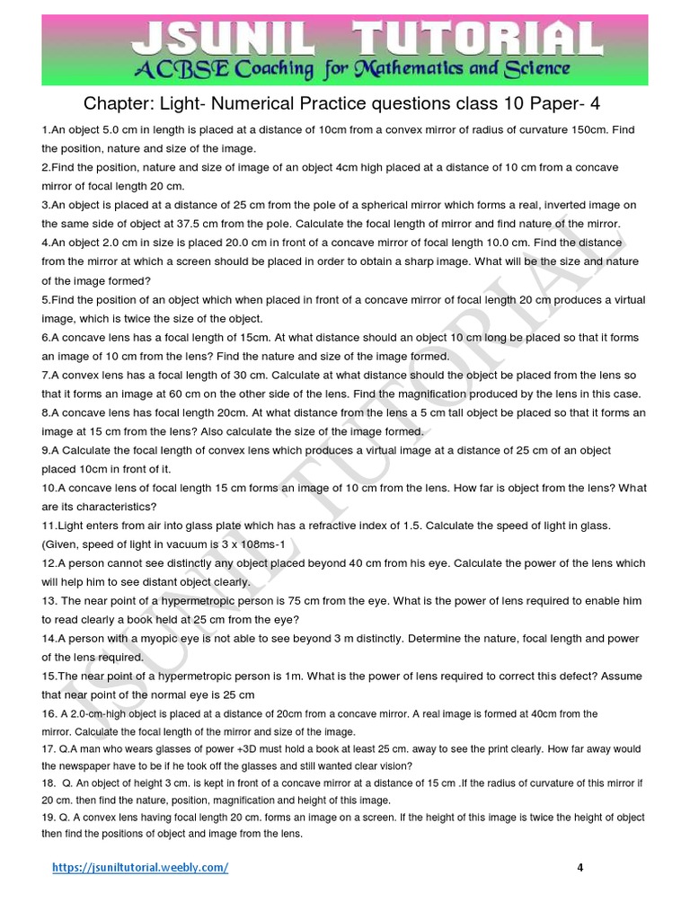 Class 10 Light Numerical Practice Questions | PDF | Glass Applications ...