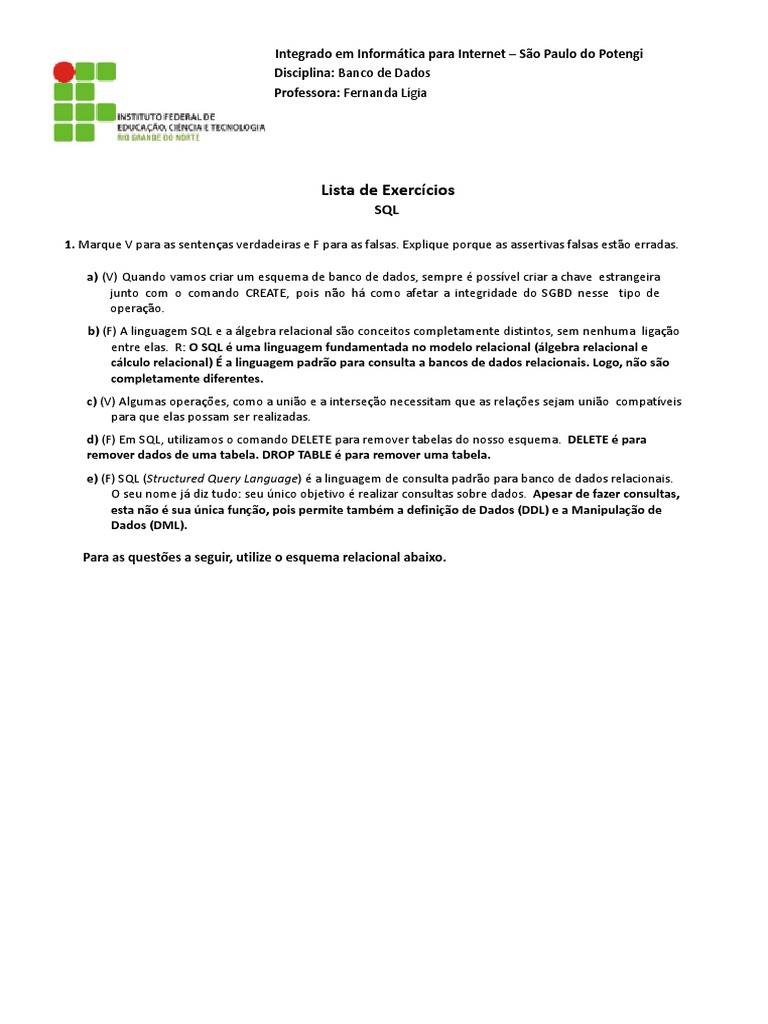 Exercícios SQL: Banco de Dados e Consultas | PDF | SQL | Gestão de dados