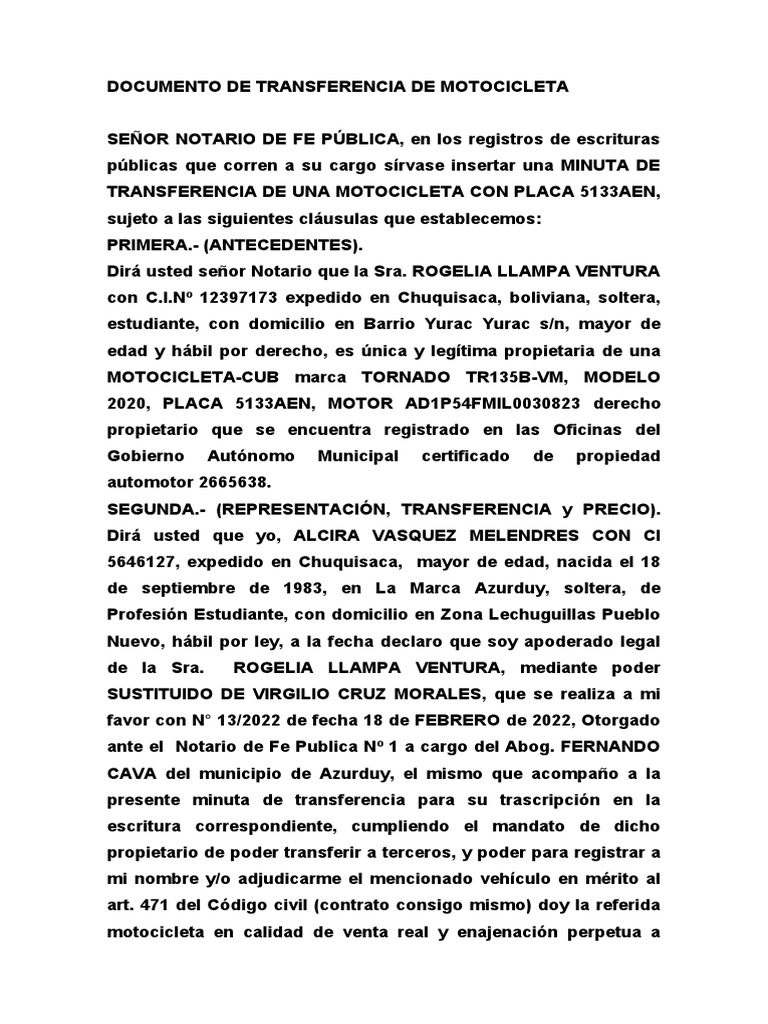 Documento de Transferencia de Motocicleta | PDF | Justicia | Crimen y ...