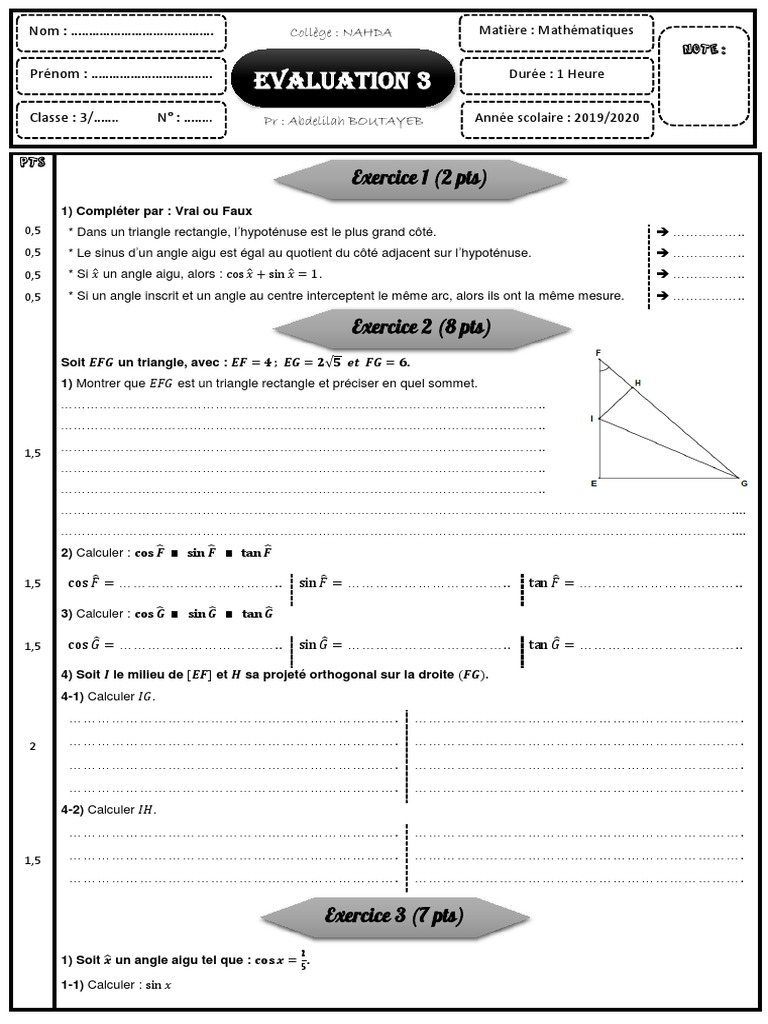 Devoir 3 Modele 1 Mathematiques 3ac Semestre 1 | PDF