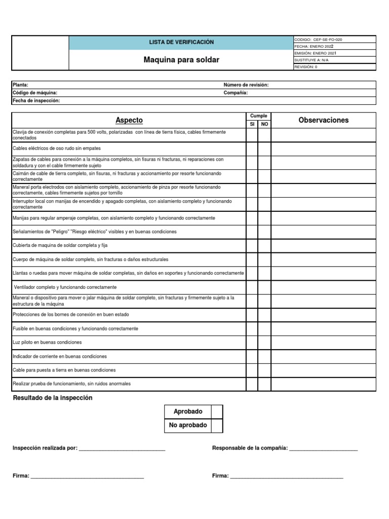 Check List Maquina de Soldar | PDF | Soldadura | Construcción Check List Maquina de Soldar | PDF | Soldadura | Construcción