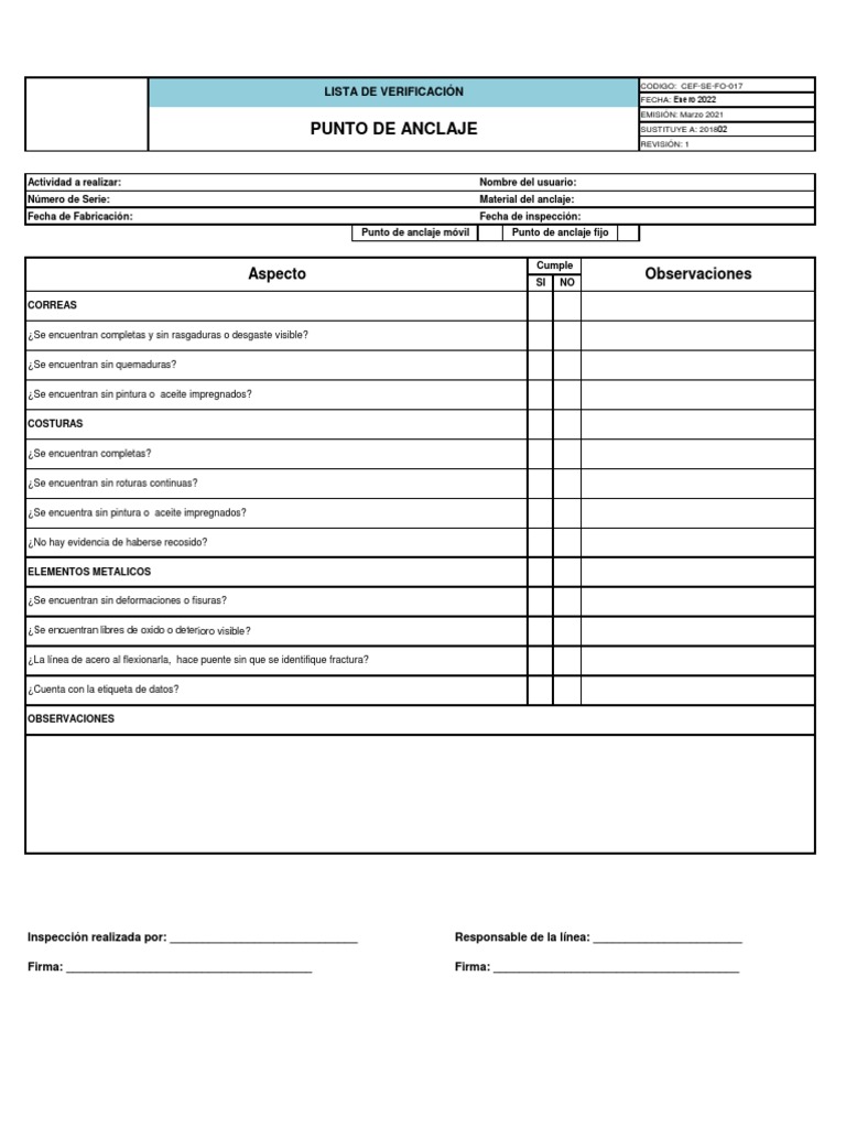 Check List Punto de Anclaje | PDF | Materiales | Ingeniería de Edificación Check List Punto de Anclaje | PDF | Materiales | Ingeniería de Edificación