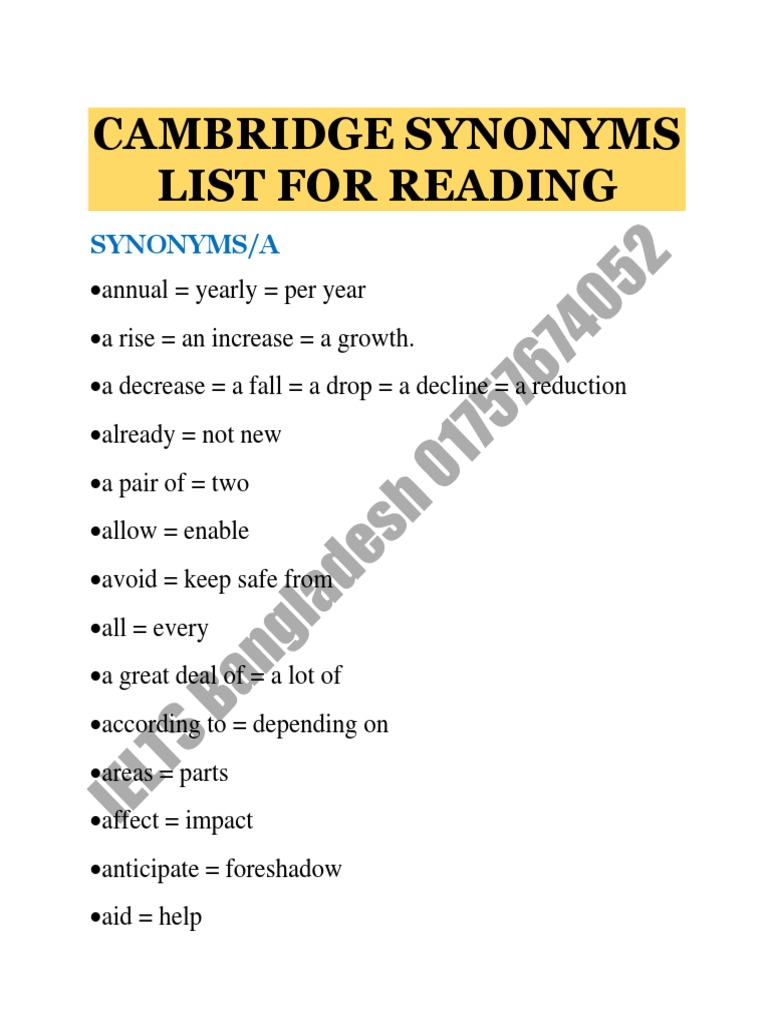 Cambridge Reading Synonyms List | PDF