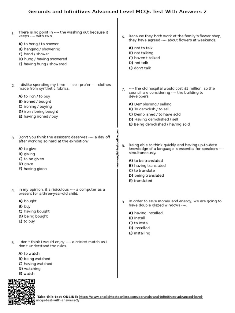 Gerunds and Infinitives Advanced MCQs Test | PDF | Multiple Choice