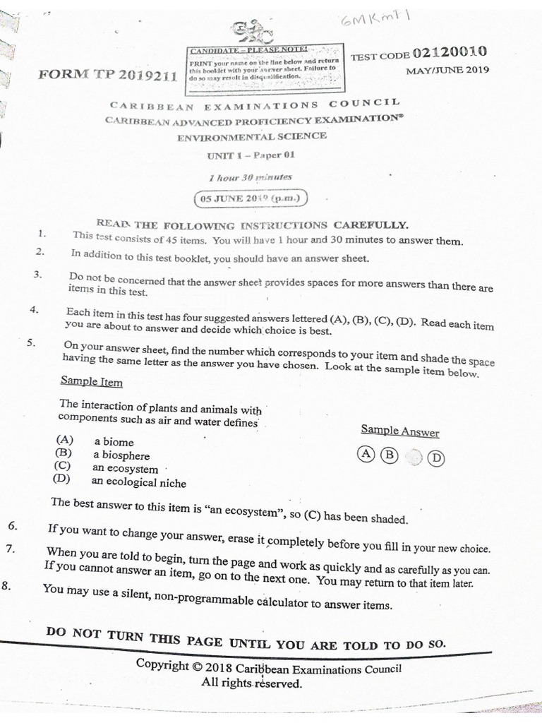 EnvScience 2019 U1 P1 Ans | PDF