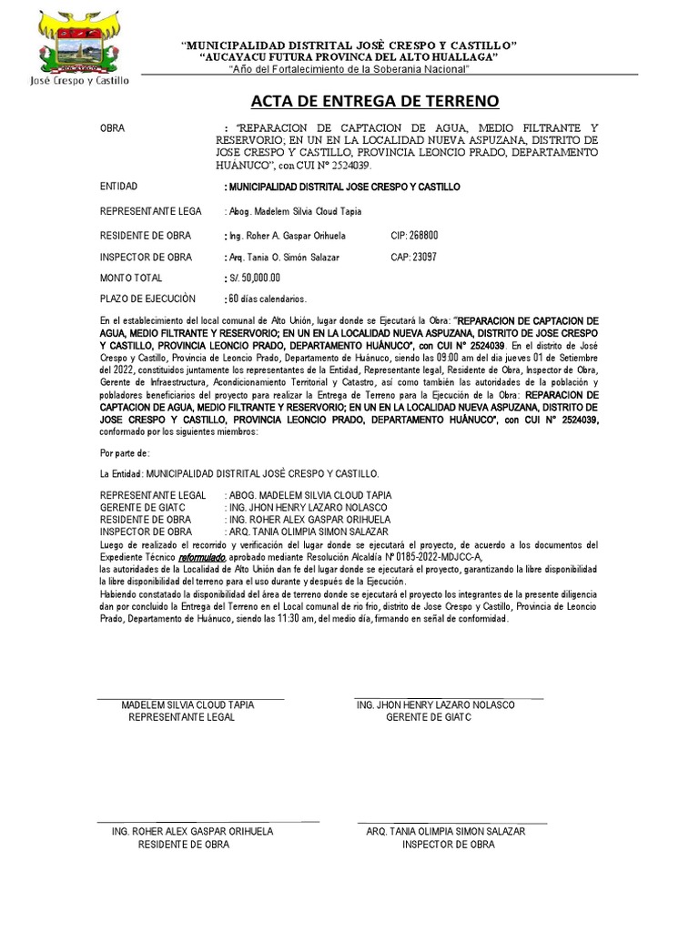 Acta de Entrega de Terreno (Obra) | PDF