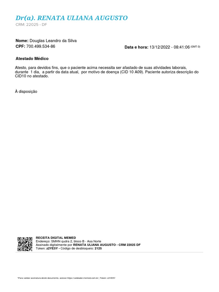 Atestado médico de 1 dia para Douglas Leandro da Silva por doença ...