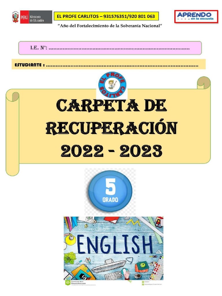 Carpeta de Recuperacion de Ingles - 5to - A2 - 2022-2023 | PDF Carpeta de Recuperacion de Ingles - 5to - A2 - 2022-2023 | PDF