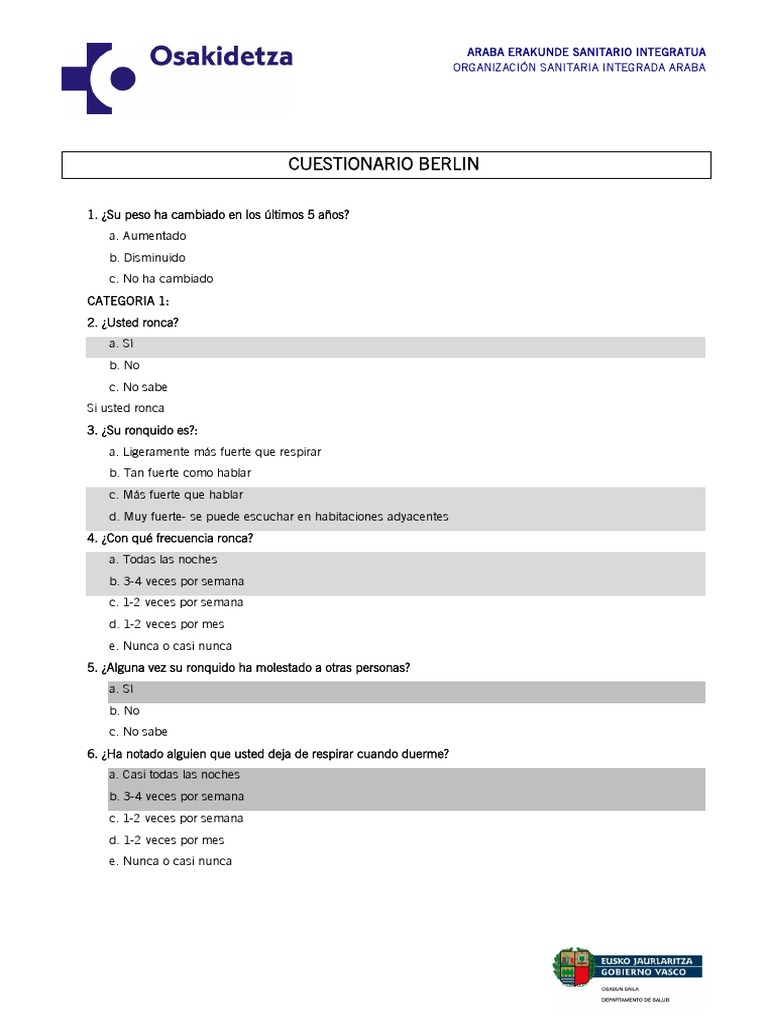 Cuestionario Berlín para Apnea del Sueño | PDF | Dormir