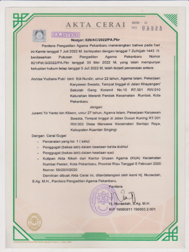 Akta Cerai Annisa Yudiana Putri Dan Juremi Tri Yanto | PDF