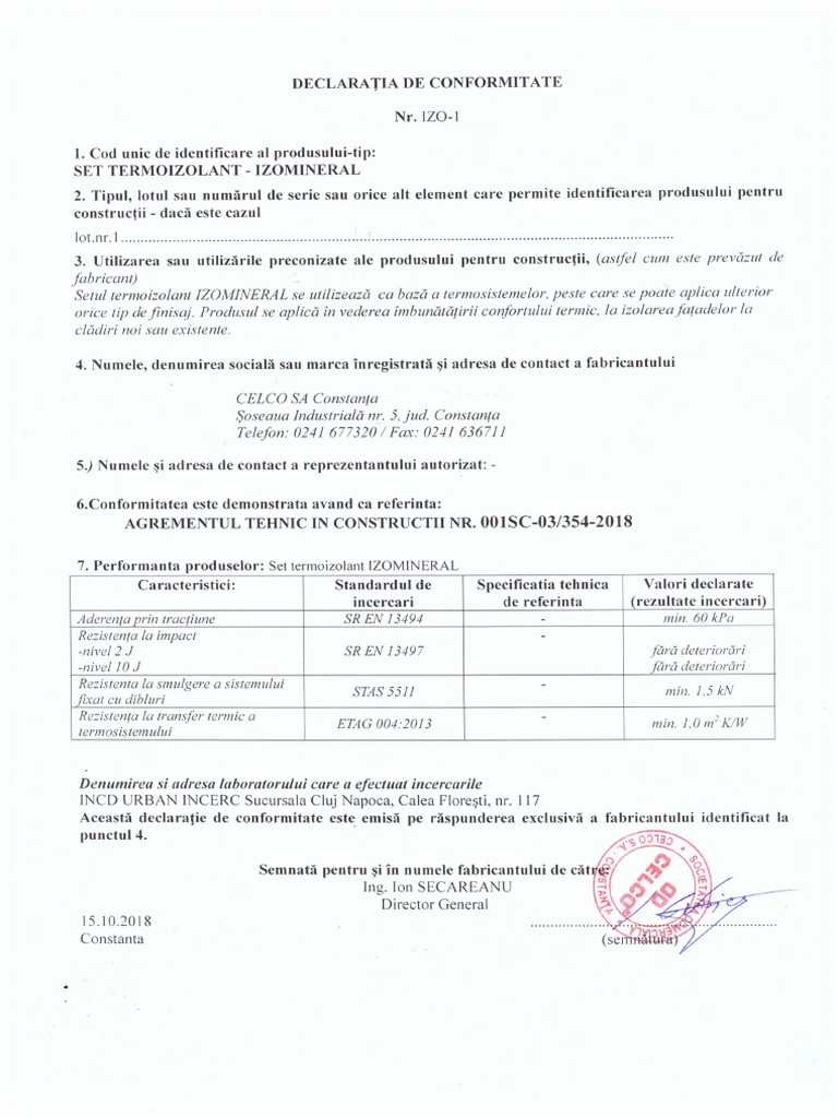 Declaratie Conformitate Set IZOMINERAL | PDF