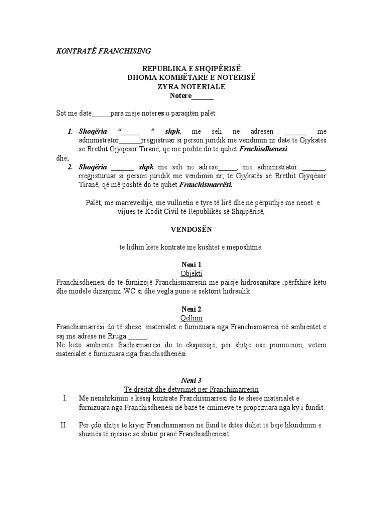 Kontratë Franchising: Republika E Shqipërisë Dhoma Kombëtare E Noterisë Zyra Noteriale Notere | PDF