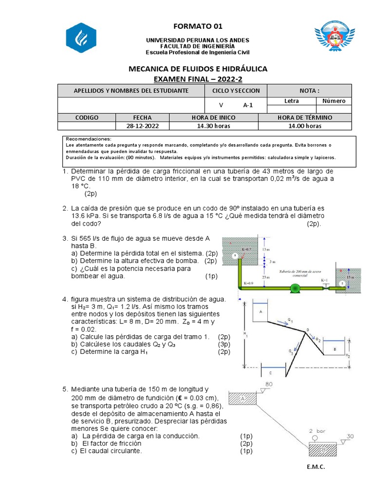 Upla - M.f.h.-Examen Final (Ic) - 2022-2 | PDF | Tubería (transporte de fluidos) | Mecánica de ...