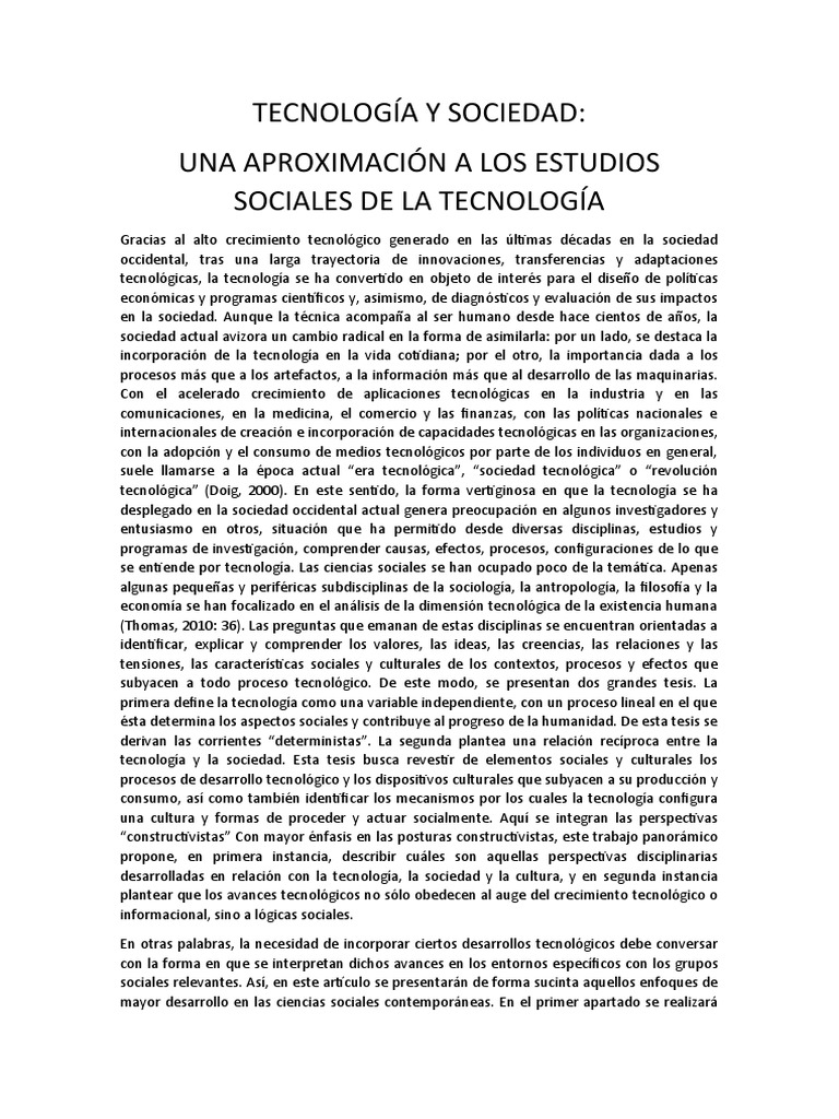 Tecnología y Sociedad: Enfoques Sociales | PDF | Sociedad | Sociología
