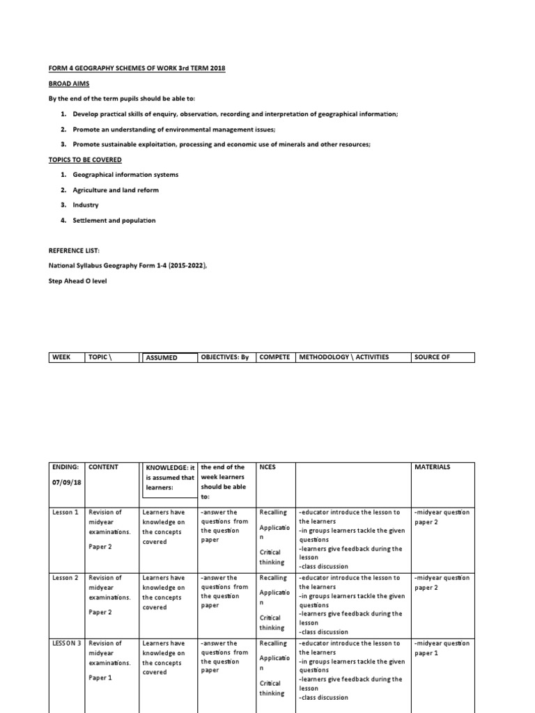 Form 4 Geography Schemes of Work 3rd Term 2018 | PDF | Learning | Thought