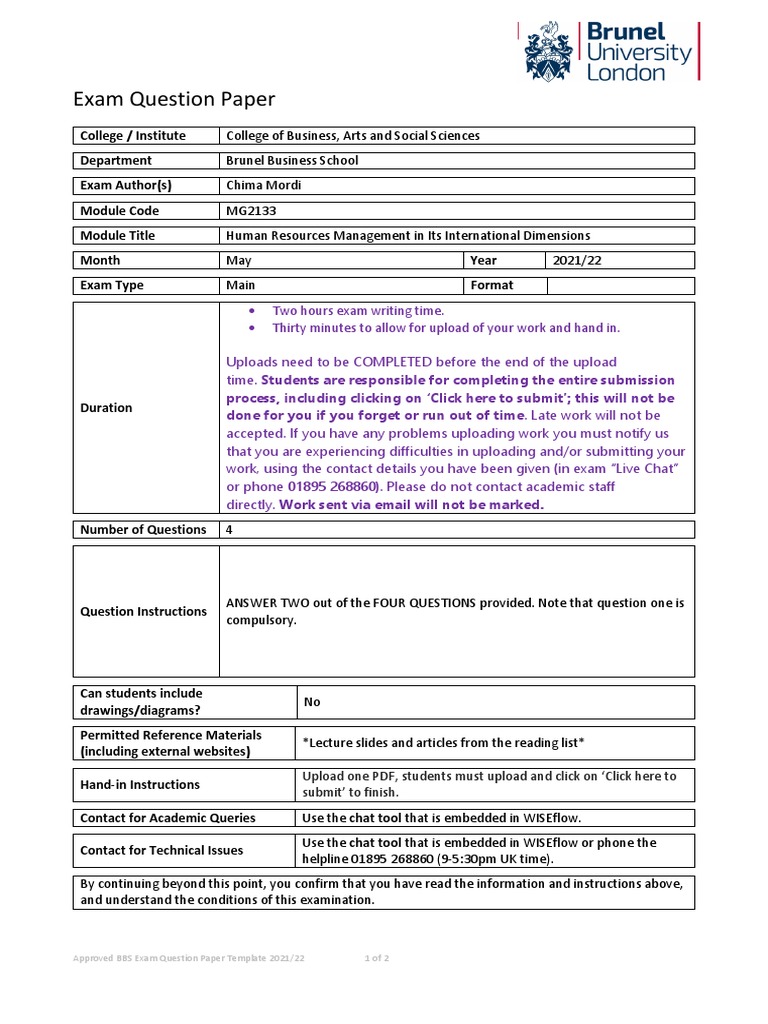 BBS Exam Template: HR Management 2021/22 | PDF | Employment | Business