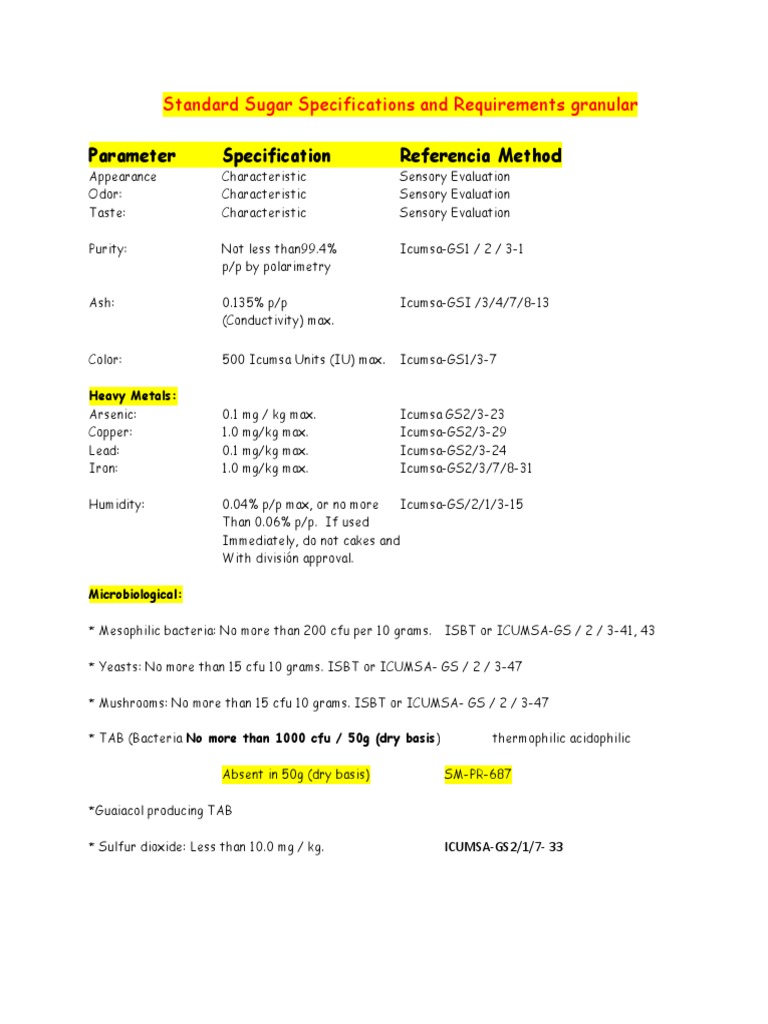 Standard Sugar Specifications and Requirements Granular | PDF ...