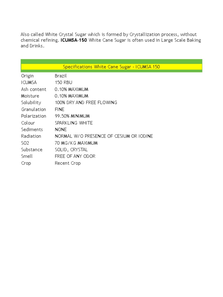 ICUMSA 150 White Cane Sugar Specs | PDF