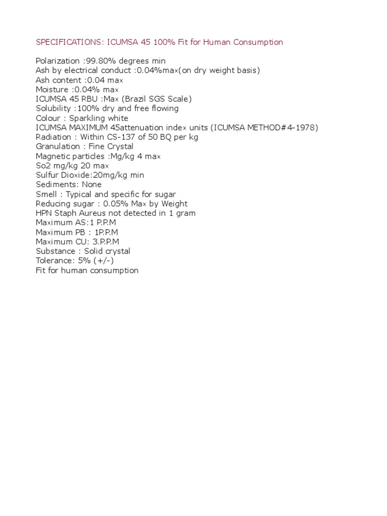 ICUMSA 45 Sugar Specifications | PDF