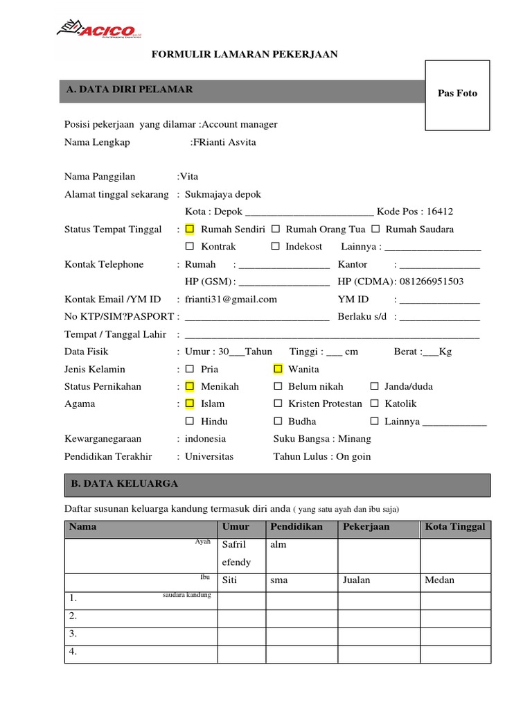 Formulir Biodata Kandidat My Acico | PDF