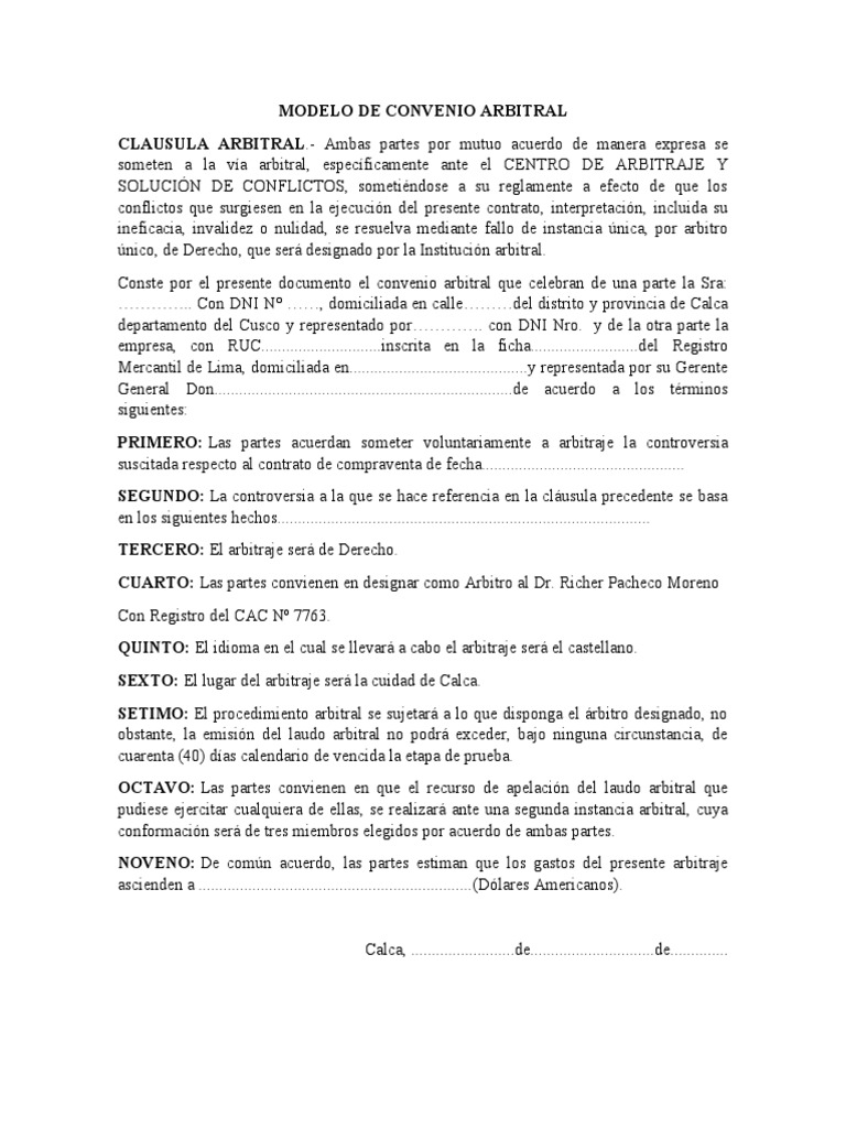 Modelo de Convenio Arbitral | PDF | Arbitraje | Derecho empresarial