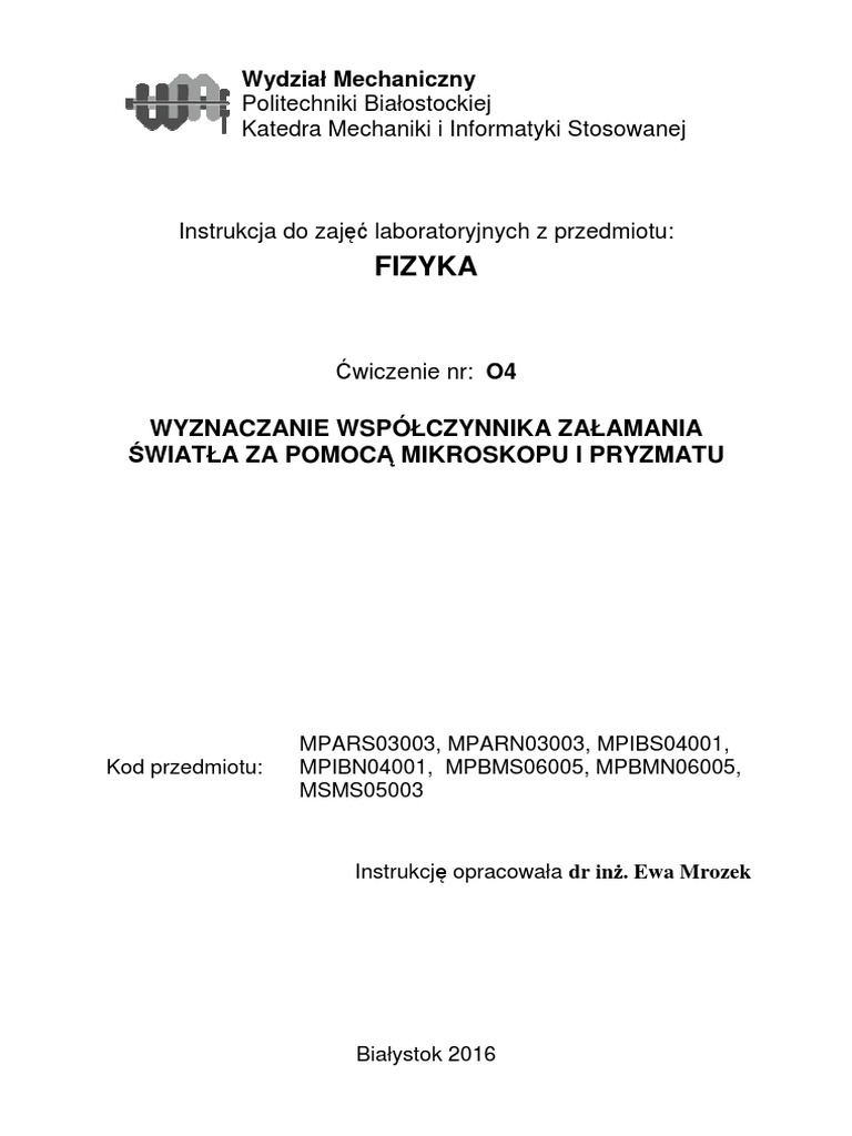 Lab. Fizyki Ćwiczenie O4 | PDF