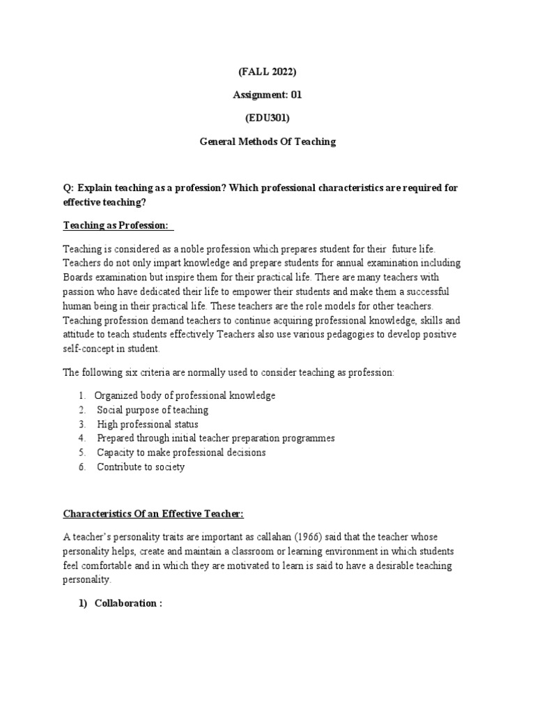 (EDU301) Assignment 01 Fall 2022 | PDF | Teaching Method | Teachers