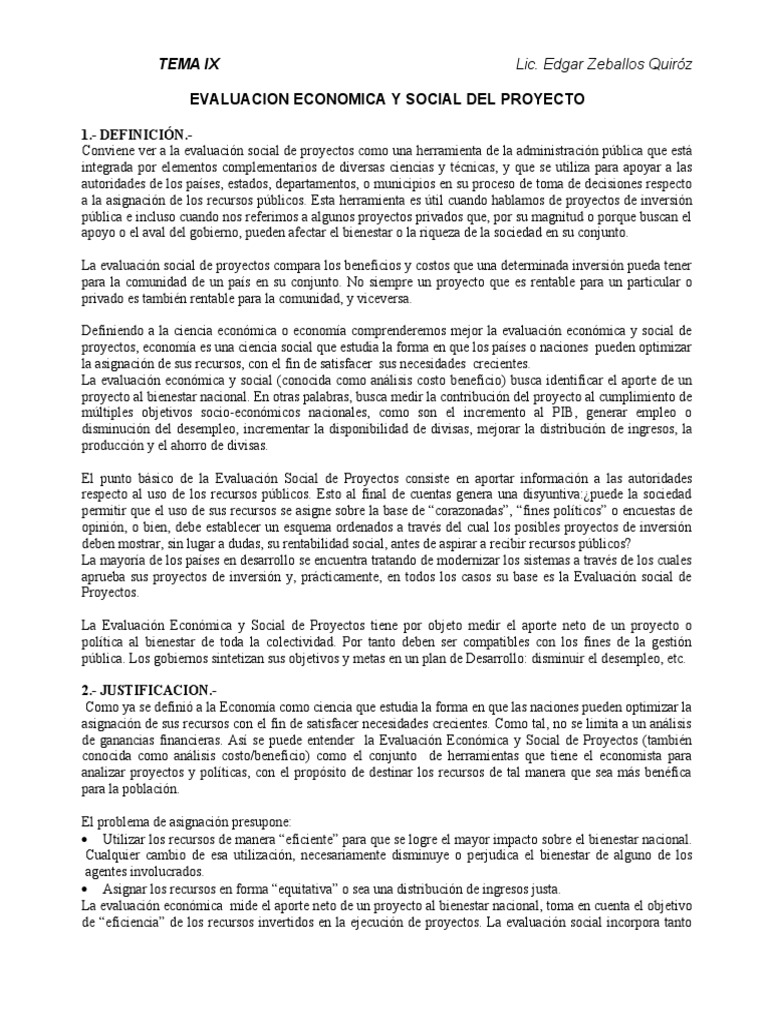 Tema 9 Eval Social Proyectos | PDF | Bienes | Mercado (economía)
