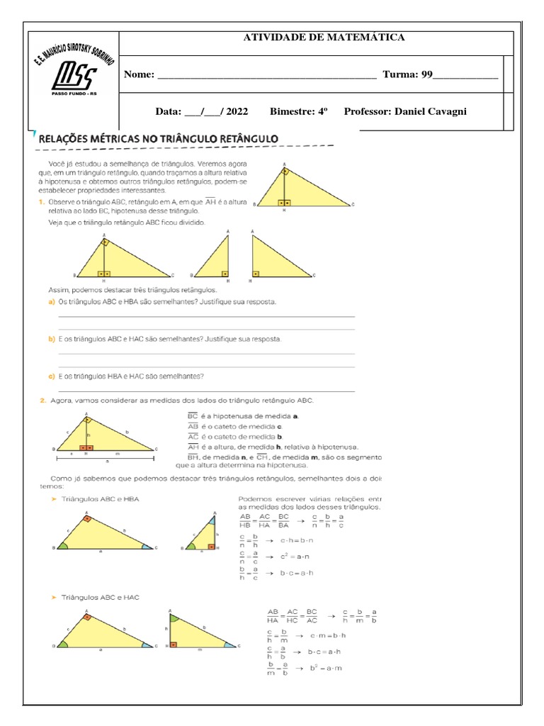 Atividade Razões Trigonométricas No Triângulo Retângulo | PDF