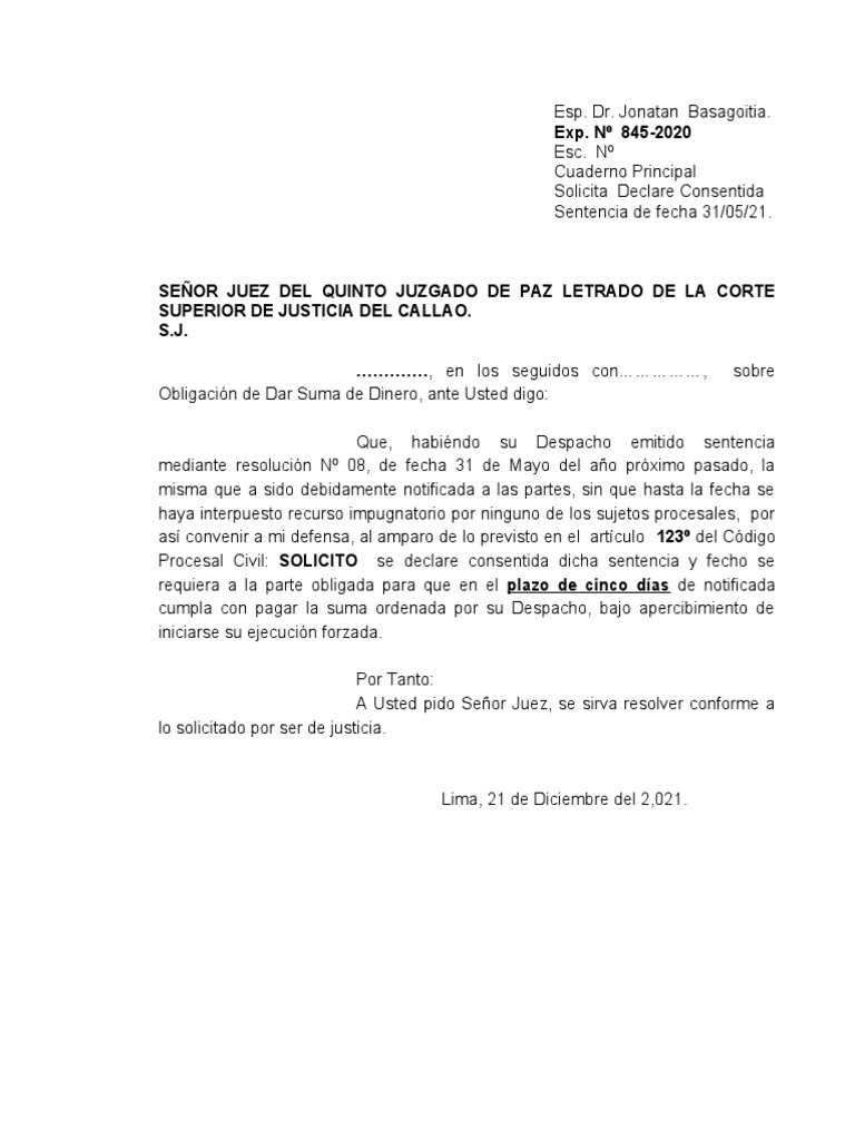 Solicita Declare Consentida Sentencia | PDF | Derecho