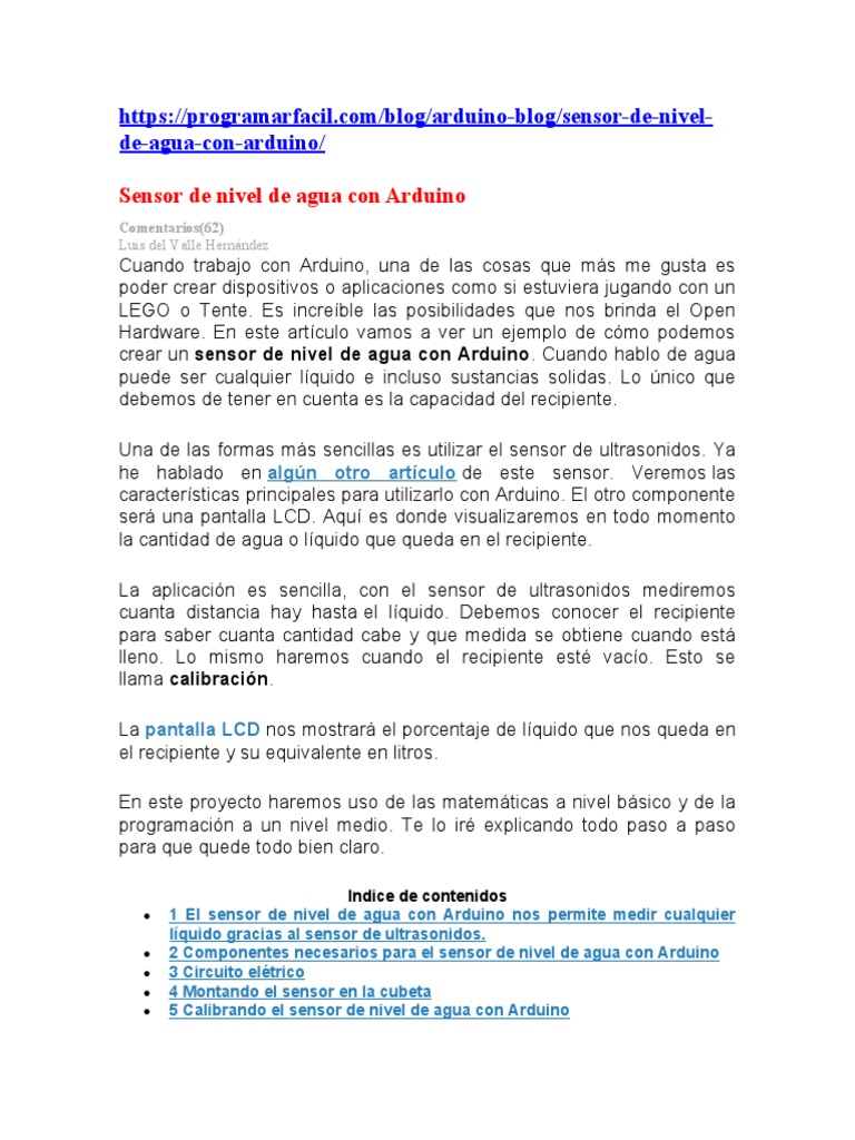 Sensor de Nivel de Agua Con Arduino | PDF | Arduino | Ultrasonido