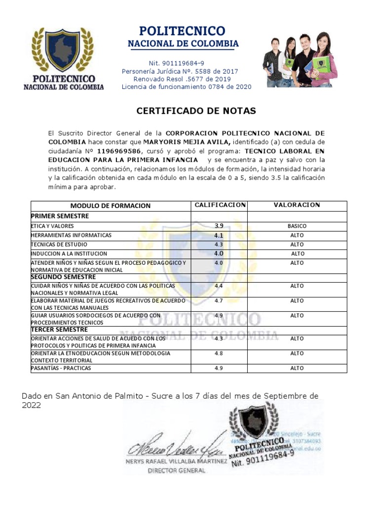 Certificado de Notas Maryoris Mejia Avila | PDF