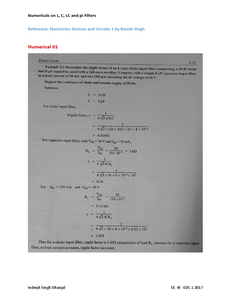 L, C, LC, and Pi Filter Numericals | PDF | Teaching Methods & Materials ...