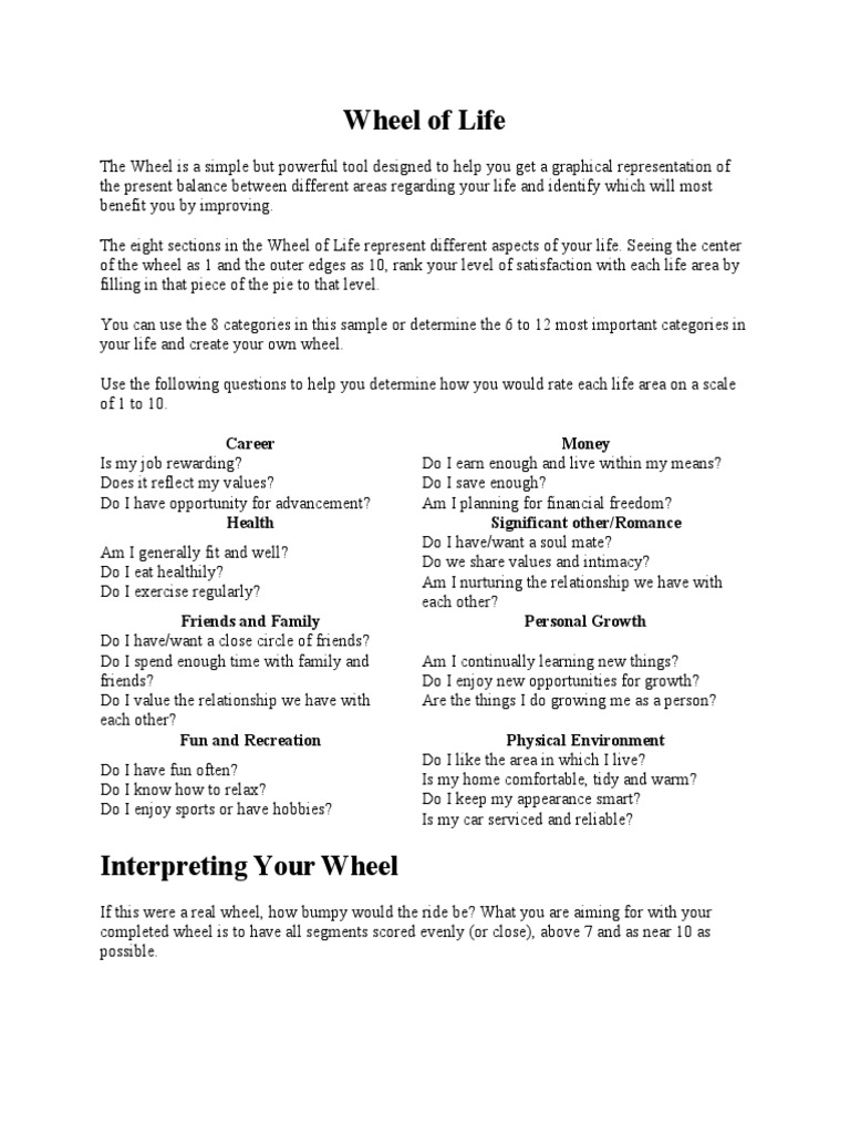 Wheel of Life Coaching Tool Guide | PDF | Recreation | Behavioural Sciences