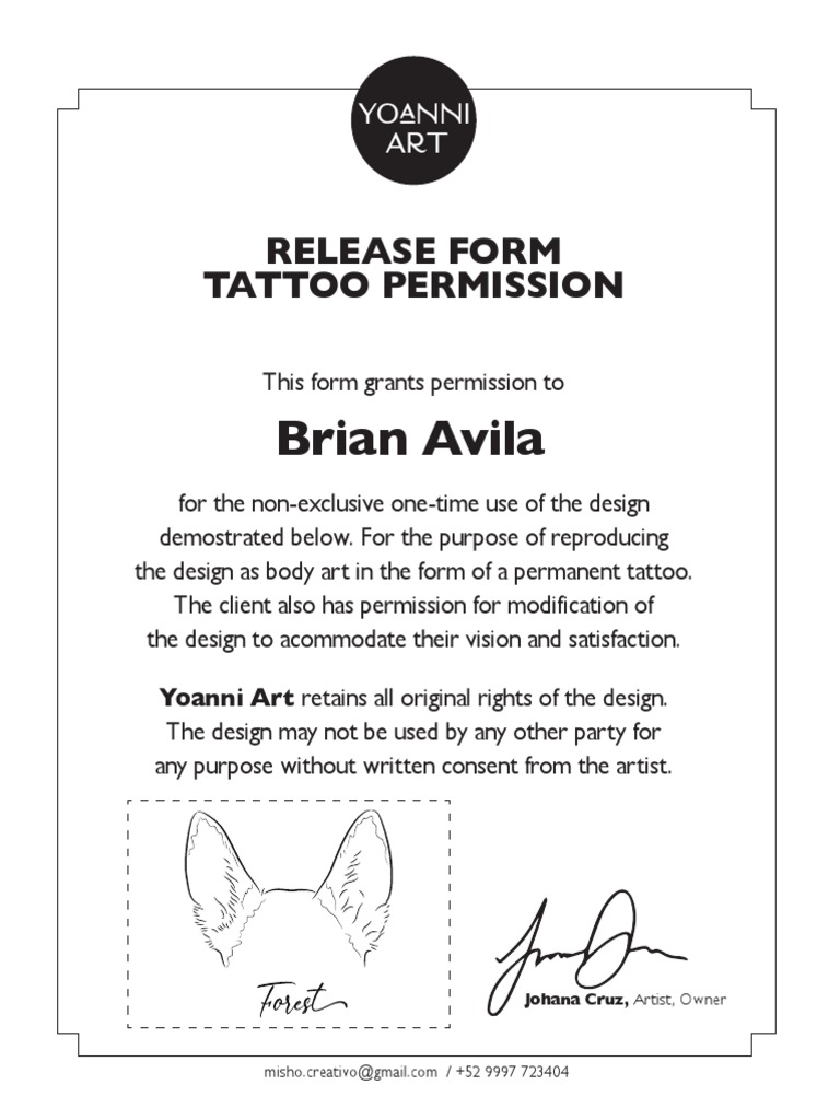 Tattoo Release Form for Yoanni Art | PDF