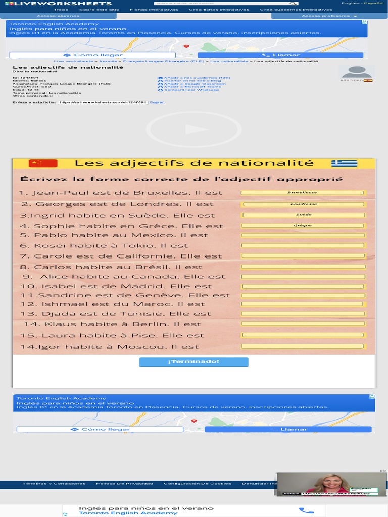 Ejercicio de Les Adjectifs de Nationalité | PDF | Red mundial ...