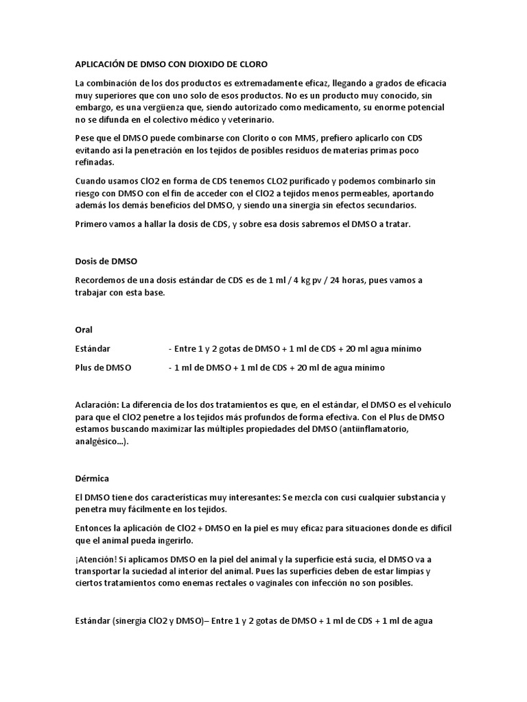 PDF Aplicacion de DMSO Con ClO2 | PDF | Inyección (medicina) | Agua