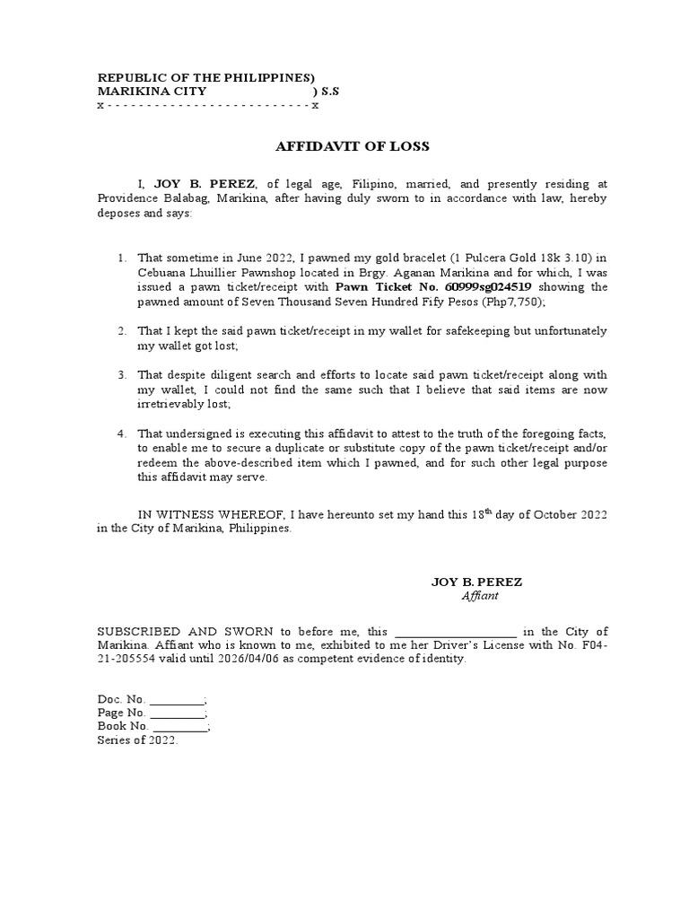 Affidavit of Loss for Pawn Receipt | PDF