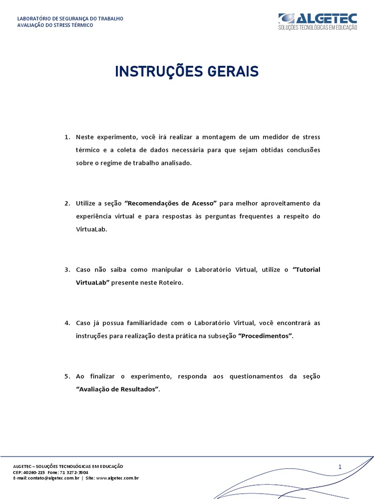 Roteiro AVALIAÇÃO DO STRESS TÉRMICO | PDF | Umidade | Temperatura
