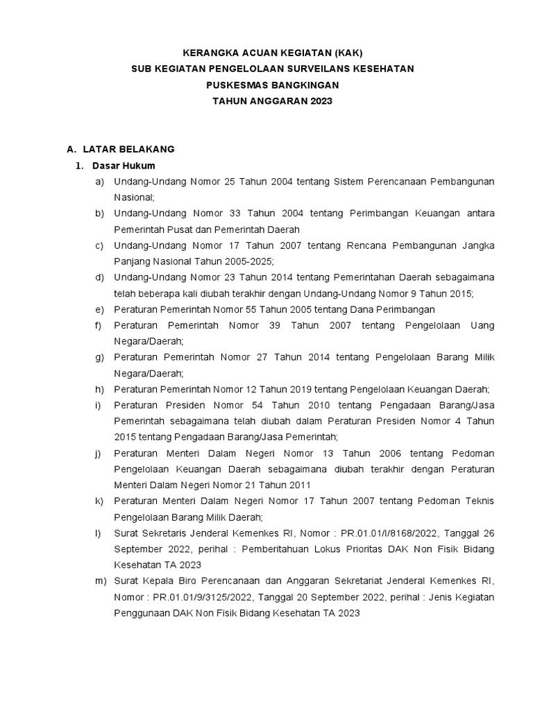 PKM TEMPLATE KAK Pengelolaan Surveilans Kesehatan | PDF | Pengelolaan Keuangan & Uang