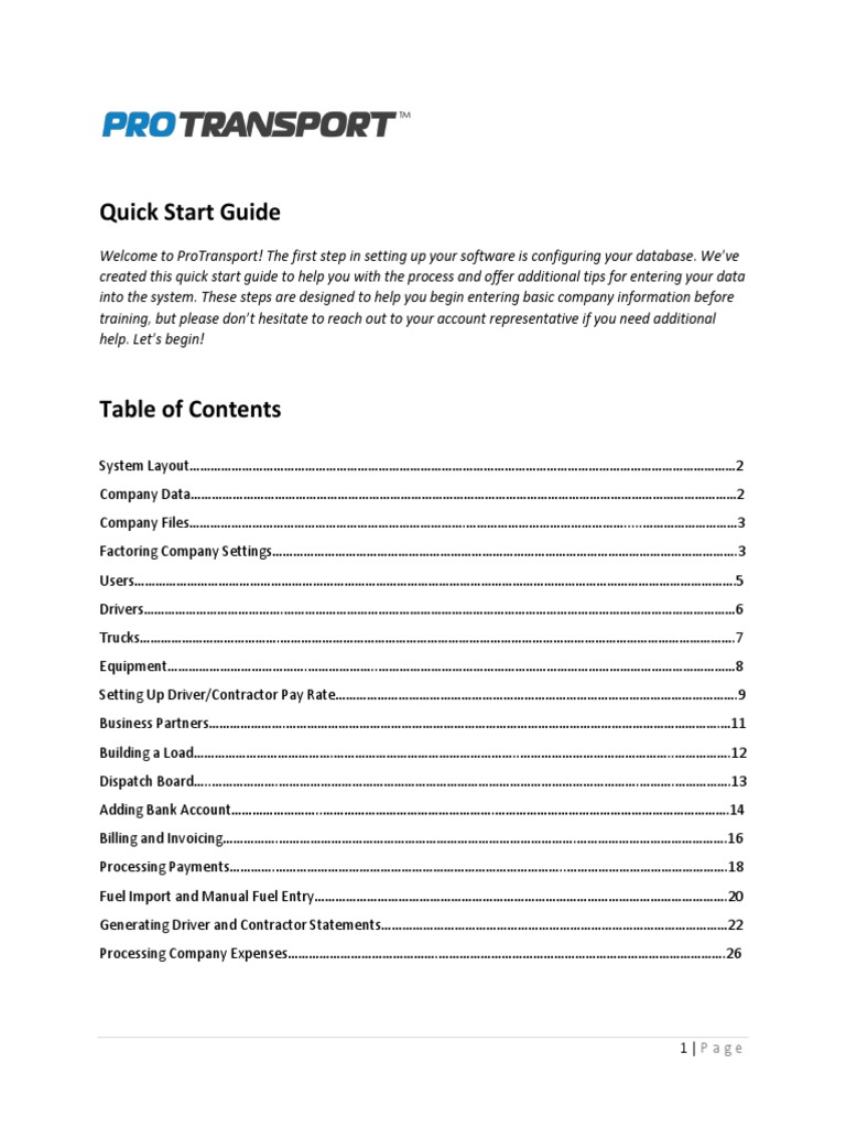 ProTransport Quick Start Guide | PDF | Factoring (Finance) | Banks