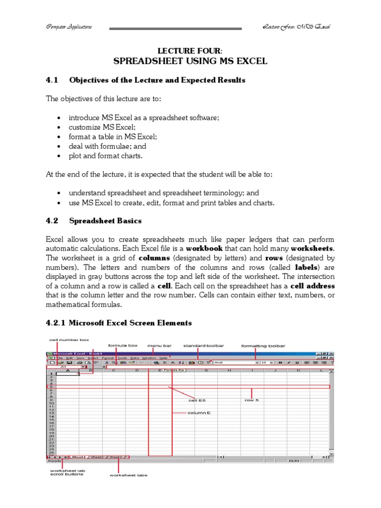 Lect 4 Excel Spreadsheet Microsoft Excel