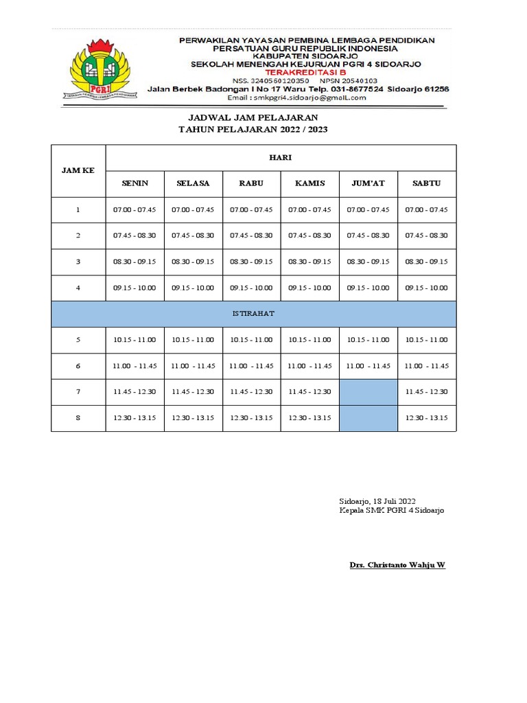 Jadwal Jam Pelajaran | PDF