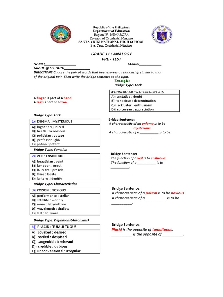 Analogy 11 Pre Test | PDF